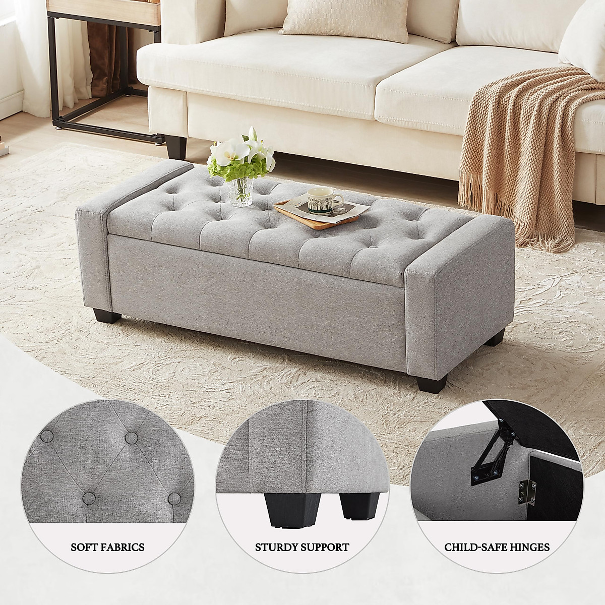 Huatean Home Ottoman with Storage, Storage Ottoman Bench with Safety Hinge, Upholstered Storage Bench with Seating for Bedroom, Living Room, Holds up to 330 lb(Light Gray)