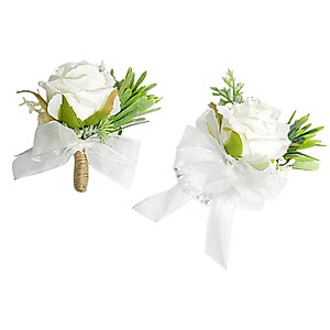 Corsage and Boutonniere Set,2PCS Artificial Rose Wrist Corsage Wristlet,for Wedding Bridal Bridesmaid Wrist Corsage Corsage Ball Decoration (White)