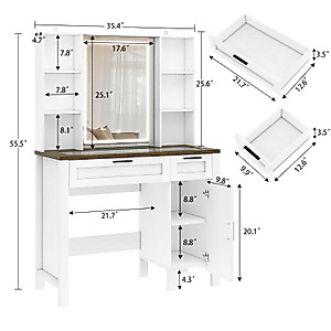 usikey Farmhouse Makeup Vanity Desk with Mirror and Lights, Glass Tabletop Makeup Vanity with Adjustable Shelves, Vanity Table Set with 2 Drawers and Side Cabinet for Bedroom, White