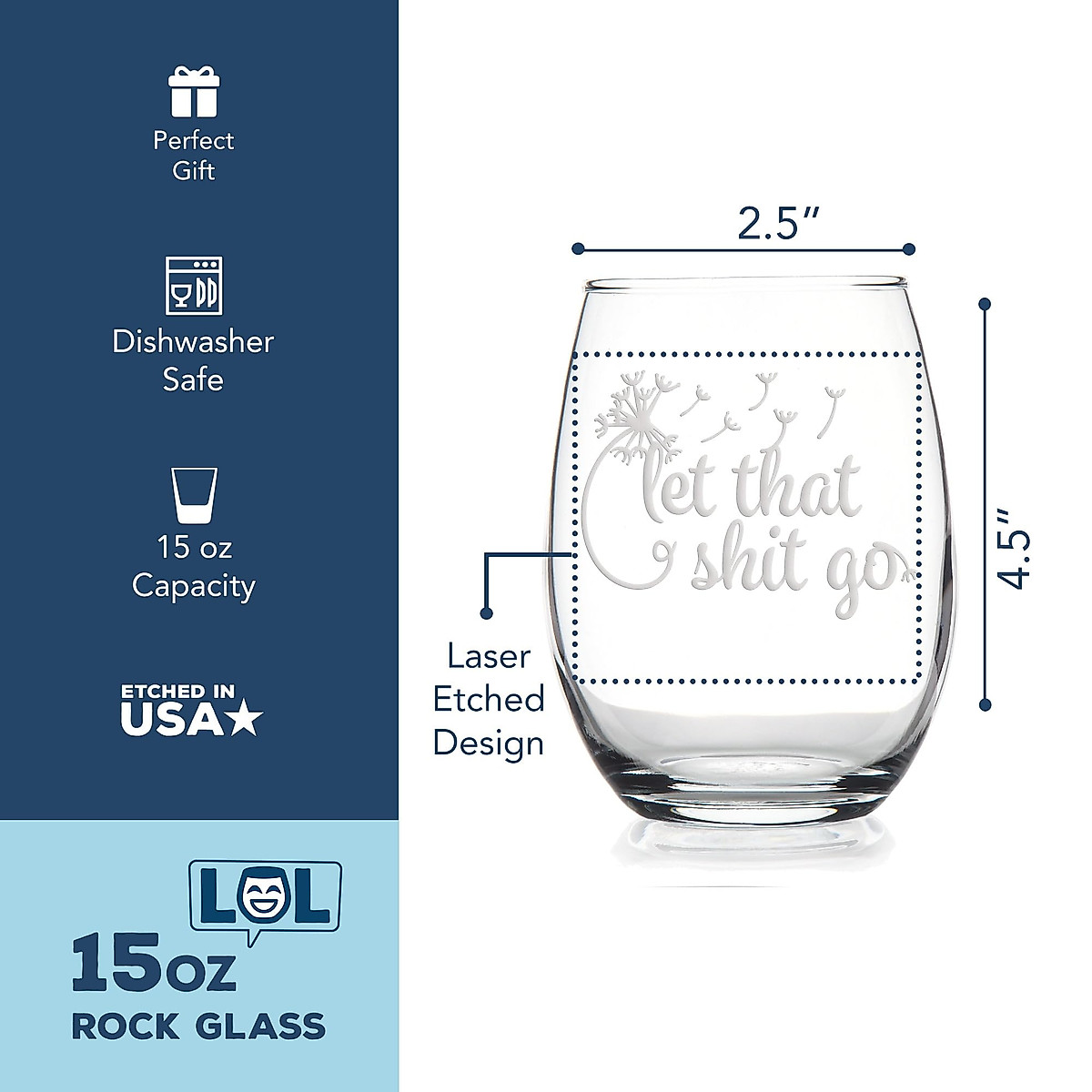 Let That Shit Go Dandelion Stemless Wine Glass - Dandelion Gift, Funny Gift, Friend Gift, Sympathy Gift, Humor Gift