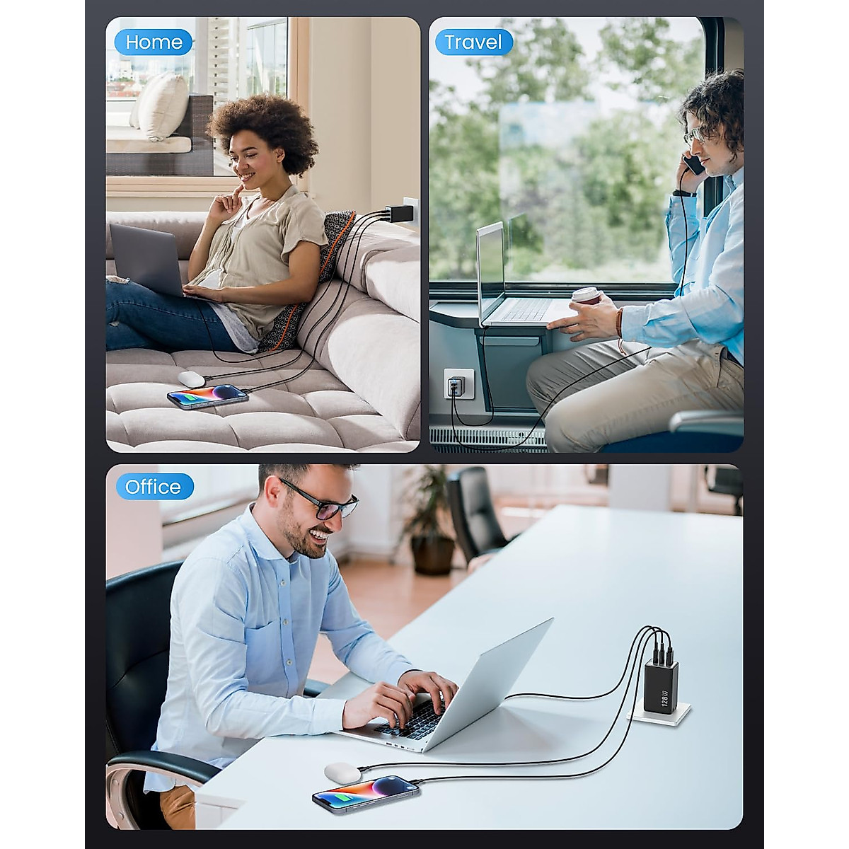 128W USB C Wall Charger,GaN III 3-Port Fast Charging Station,PD QC Foldable Charger Block Portable 65W Laptop Adapter for MacBook Pro/Air,iPad Pro,Galaxy S23,Dell XPS 13,iPhone 15/Pro etc Black