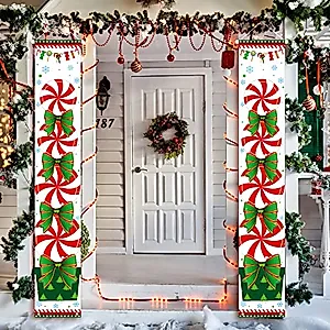 Christmas Porch Sign Banner Candy Xmas Hanging Decorations Christmas Hanging Banners Sign New Year Holiday Outdoor Indoor Christmas Decorations for Home Wall Candyland Themed Party, Red White Green