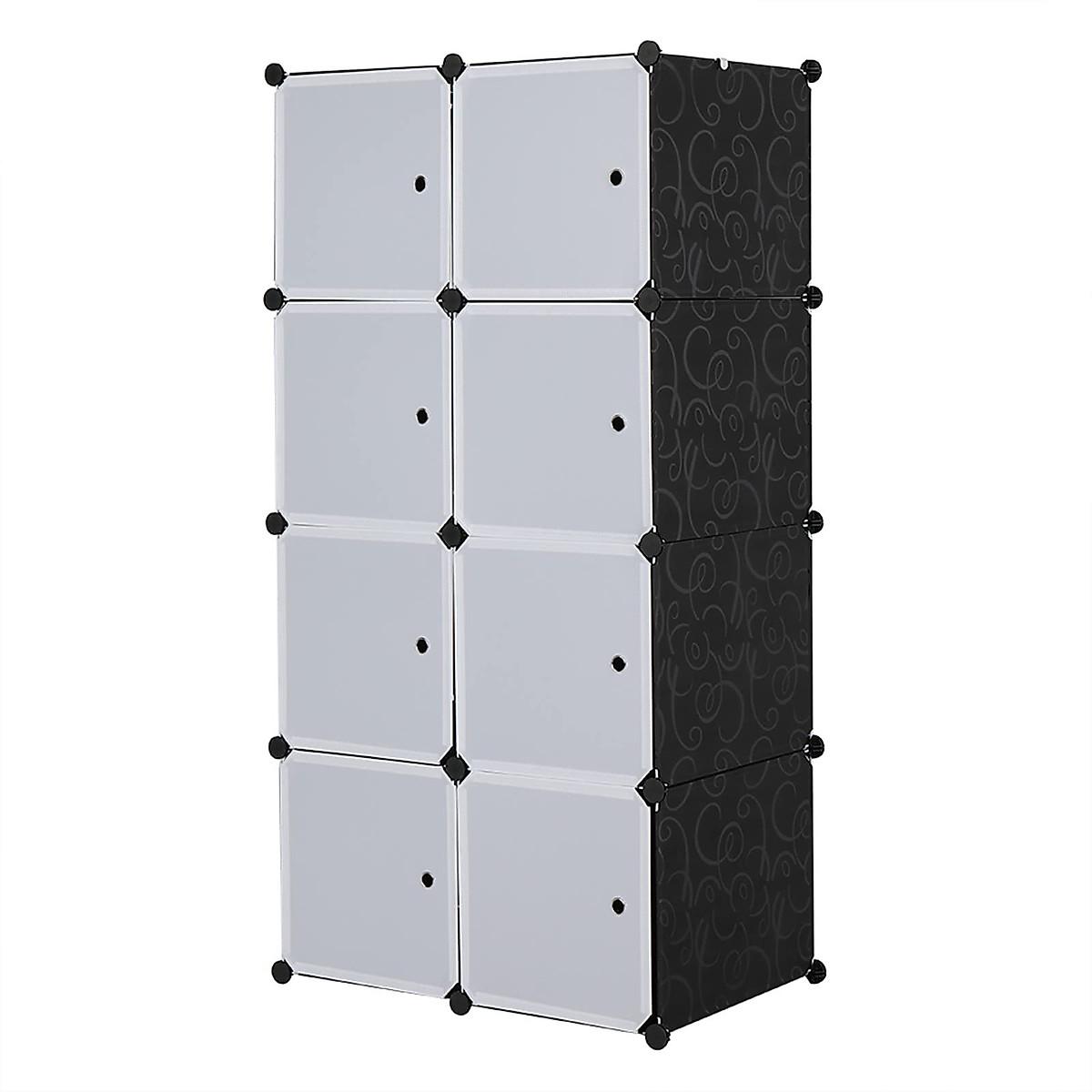 Trlec 20 Cube Organizer Stackable Plastic Cube Storage Shelves Design Multifunctional Modular Closet Cabinet with Hanging Rod White Doors and Black Panels