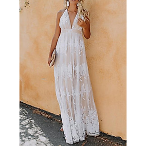 Dokotoo Womens Sexy Formal Dresses V-Neck Spaghetti Straps Elegant Embroidered Mesh High Slit Backless Evening Party Prom Dress Bridesmaid Wedding Guest Dresses White XL