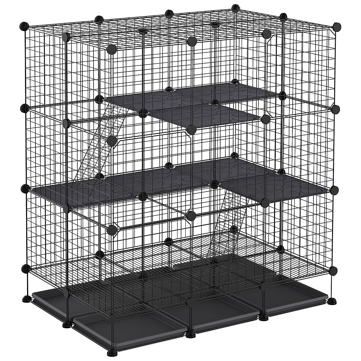 PawHut Small Animal Playpen C&C Cage Wire Bunny Pen for Kitten, Chinchillas, with Doors, Ramps and Trays, Black