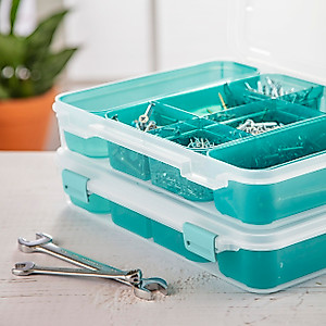 Sterilite Divided Case, Stackable Plastic Small Storage Container with Latch Lid, Organize Crafts, Small Hardware Items, Clear with Blue Trays, 6-Pack