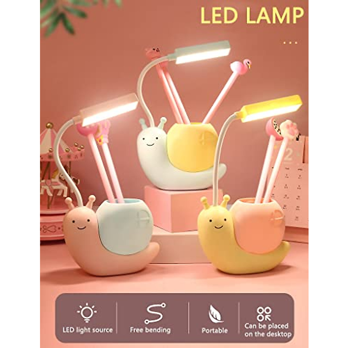 Cute Kids Lamp with Pen Holder,LED Desk Lamp for Child,Snail Shape USB Charging Student Learning Eye Protection Lamp with 360° Bendable Adjustable Neck Pink