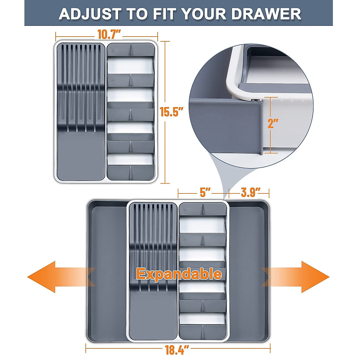 Kitchen Drawer Organizer, Silverware Organizer w/ Knife Block, Expandable Utensil Organizer and Cutlery Tray for Drawers, Large Silverware Tray for Kitchen Utensils Flatware Knives Storage & Organize
