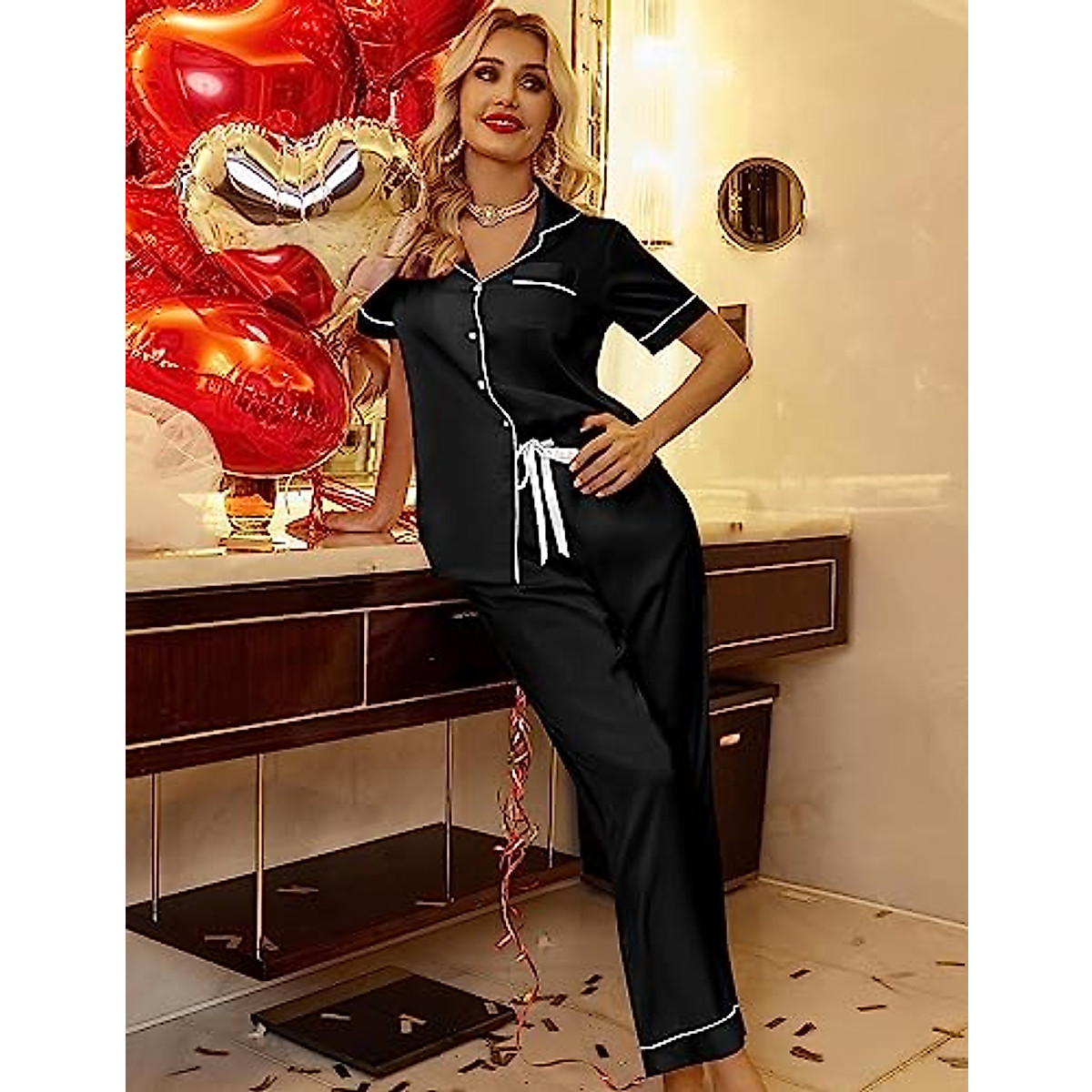 Ekouaer Womens 3 Piece Satin Silk Short Sleeve Sleep Shirt and Long Pants with Shorts Pajama Set, Black, Medium