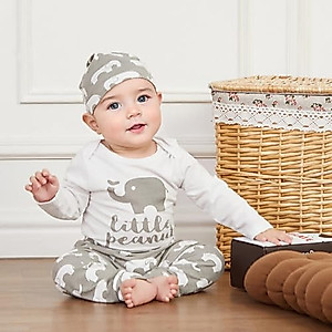 Rarjuiey 3Pcs Newborn Baby Boy Girl Elephant Outfits Long Sleeve Little Peanut Romper Bodysuit+Pants+Hat
