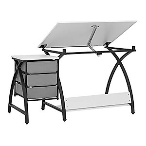 SD STUDIO DESIGNS 2 Piece Comet Center Plus, Craft Table and Matching Stool Set with Storage and Adjustable Top, Black/White, 50x23.75x29.5 inches