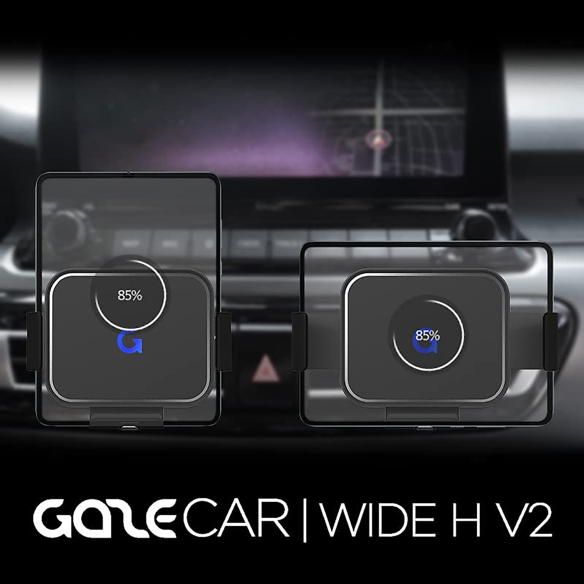 GAZE Car Wide H V2 Wireless Car Charger Compatible with Galaxy Z Fold 6, 5, 4, Dual Coil Portrait Viewing Capable Fast Charging auto Clamping car Mount