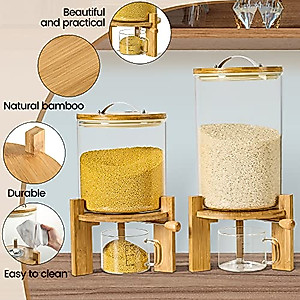 Vuinop Rice Dispenser, Rice Storage Container：Flour and Cereal Container with Airtight Lid and Wooden Stand, Glass Food Storge Container for Kitchen Organization and Pantry Store (5L)