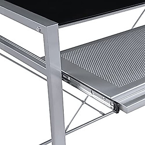 OSP Home Furnishings Zephyr Computer Desk with Keyboard Shelf and Tempered Glass Top, Black Glass and Silver Frame