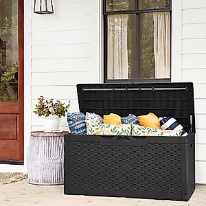 Flamaker Deck Box with Cushion 100 Gallon Waterproof Resin Storage Box with Air Rod Indoor Outdoor Lockable Storage Bench for Patio Furniture, Tools, Pool Accessories (Black)