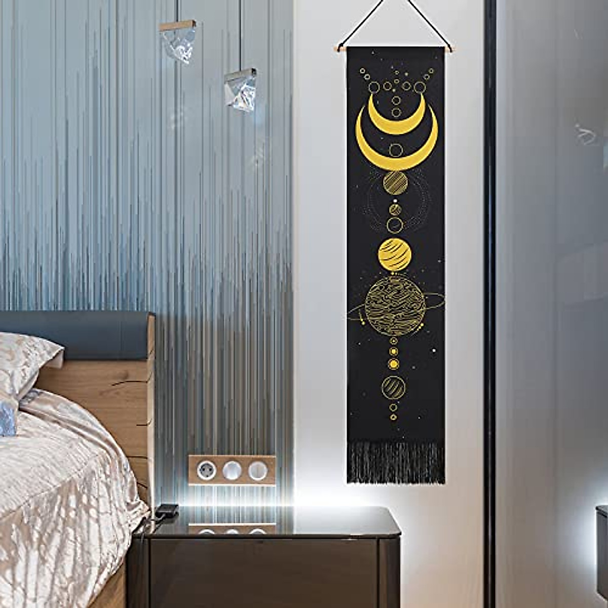 Lourny Sun and Moon Phase Wall hanging - 2 Pcs Long Black and White Tapestry Starry Night Sky Small Tapestries Decor for Bedroom Living Room(Black+White Moon)