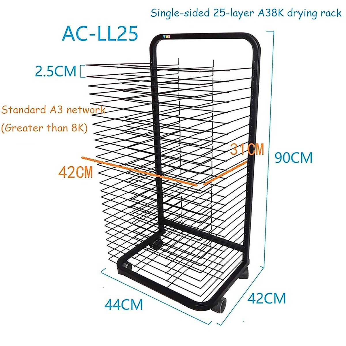 Drying Rack, 25-Shelf Mobile Drying Rack with Wire Shelves for Works of Art, Black Powder Coated Finish, Drying & Print Racks, Protect Artwork When Drying，Ideal for Schools and Art Clubs