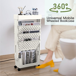 5-Tier Plastic Mobile Bookshelf with Wheels, Desk Organizer Document Folder File Storage with Pen Holder,Rolling Book Cart Movable Bookshelf for Office, Dorm, Classroom,Library, Living Room (White)