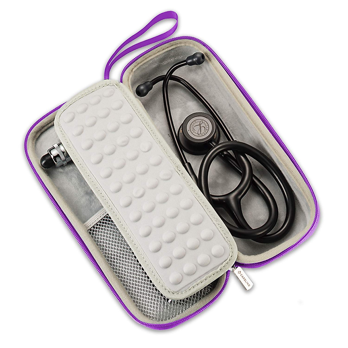 Caseling Hard Stethoscope Case Compatible with 3M Classic III, Lightweight II S.E, Cardiology IV Diagnostic, Includes ID Slot and Mesh Pocket for Nurse Accessories (Purple - Pu Leather)