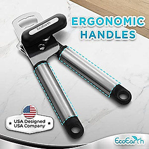 EcoEarth Heavy-Duty Can Opener (Stainless Steel & Black), Manual Easy Grip Handheld Tin Opener, Multipurpose Kitchen Tool, Lid Top Remover, Easy Turn Knob w/Bottle Opener