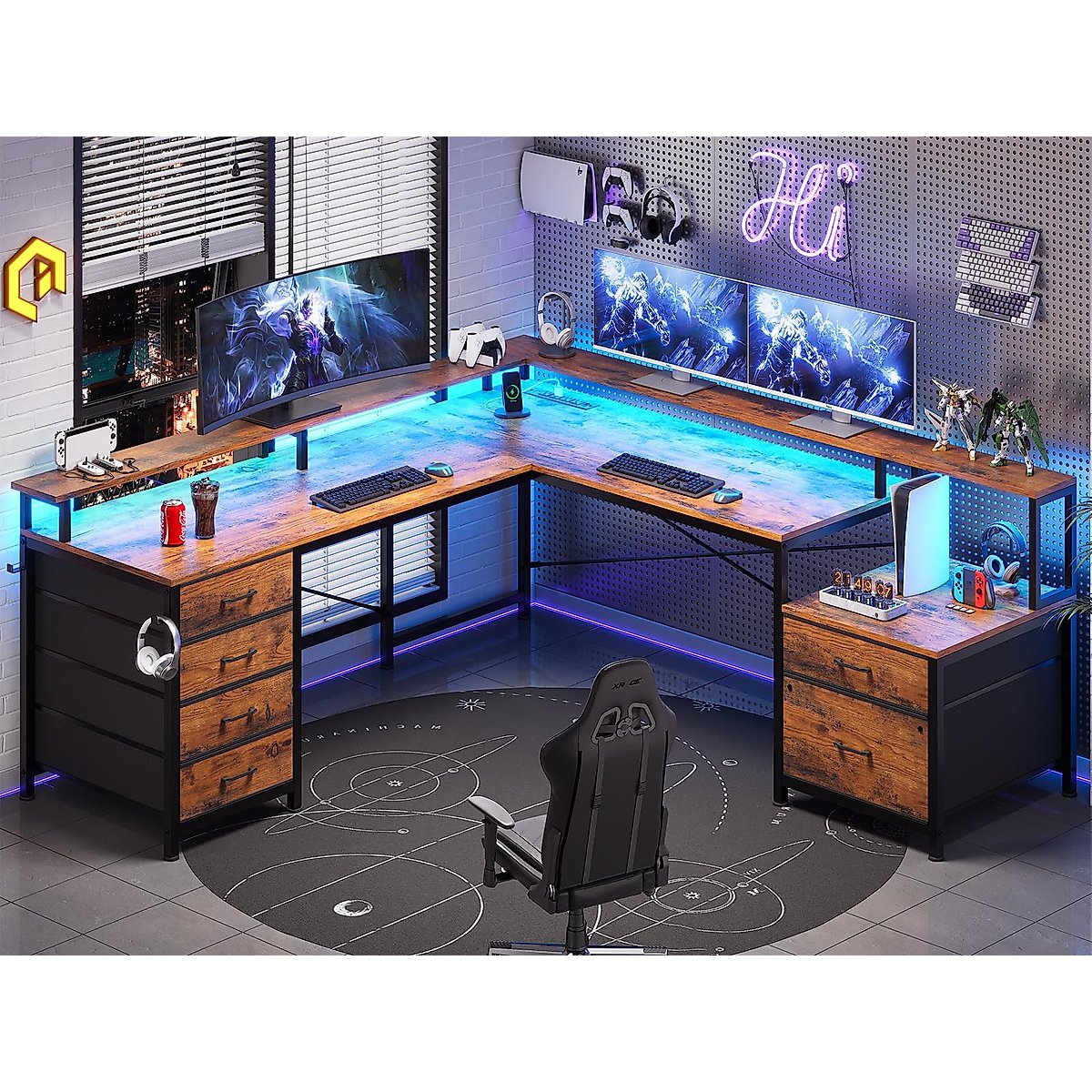SEDETA L Shaped Desk with 6 Drawer, 108" Home Office Desk with File Drawer & Power Outlet, Corner Computer Desk with Monitor Shelf, Two Person Desk, Gaming Desk with Led Lights, Rustic Brown