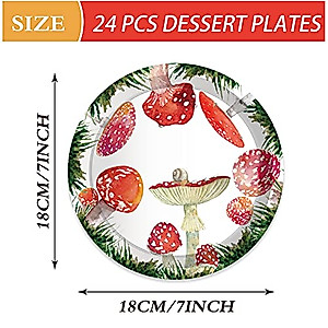 OXYLIPO 7" Red Mushroom Paper Plates Celebrate Party Tableware Round Disposable Dinner Paper Plates Set Red Mushroom Theme Party Paper Plates Festival Party Supplies, Pack of 24