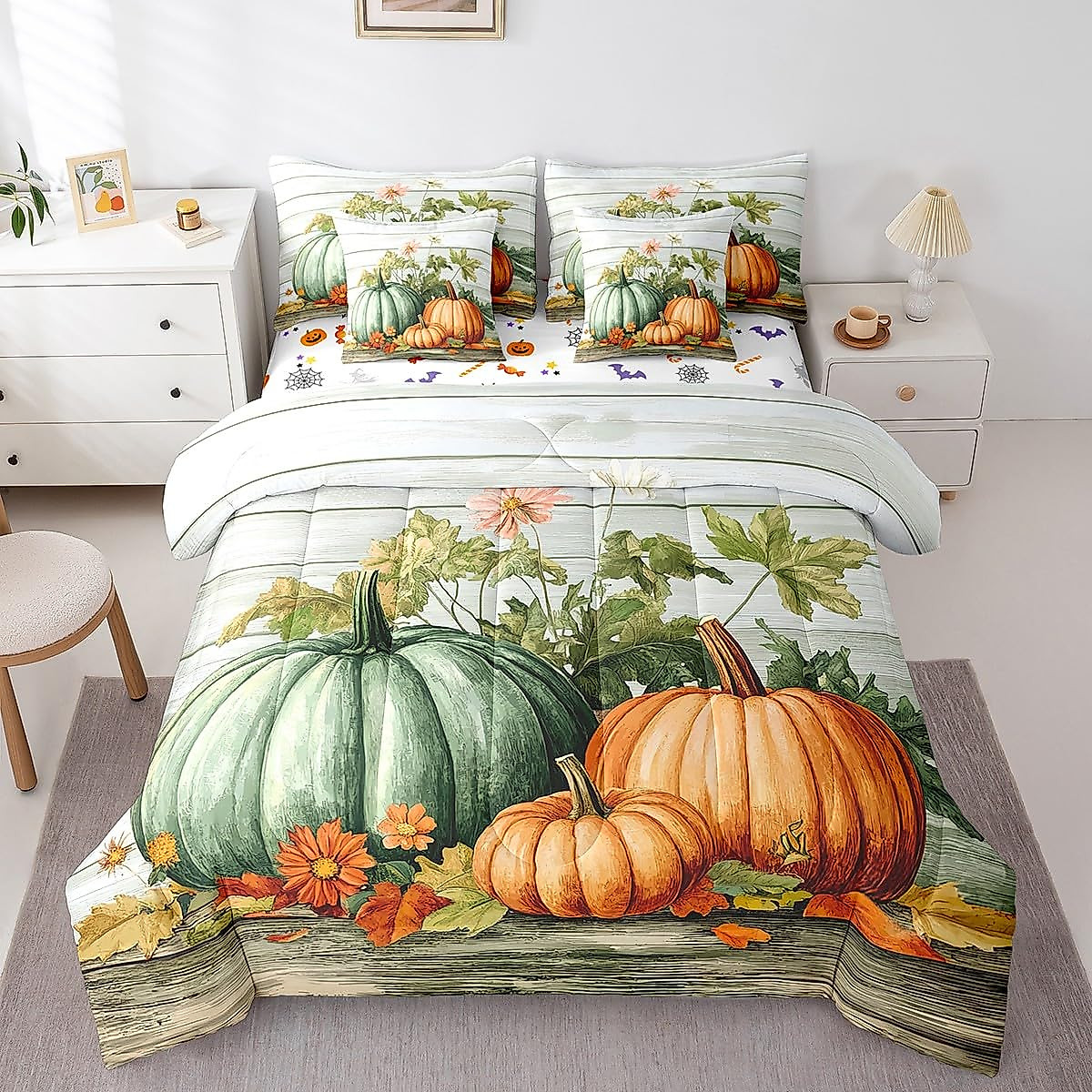 Erosebridal Rustic Farmhouse Fall Bedding Sets 7 Piece Pumpkin Bed in A Bag King Thanksgiving Harvest Season Comforter Set with Sheets for Kids Adults,Autumn Botanical Leaces Bed Set