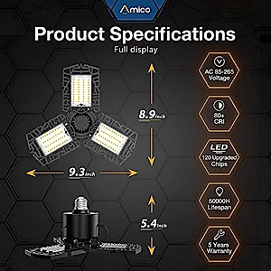 6-Pack LED Garage Lights, 50W LED Shop Light with 3 Ultra Bright Adjustable Panels, 5000LM 6500K Deformable Ceiling Lights for Garage, Attic, Basement, E26/E27 Base