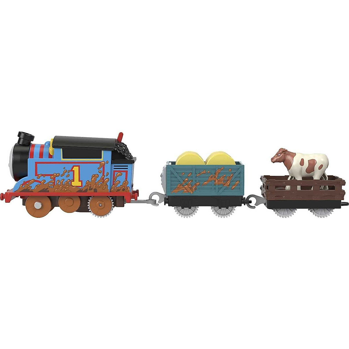 Thomas & Friends Motorized Toy Train Muddy Thomas Engine with Cargo Cars & Cow for Preschool Pretend Play Kids Ages 3+ Years