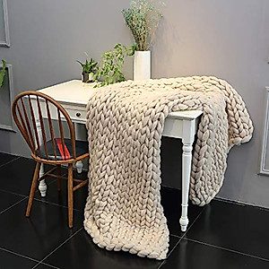 EASTSURE Chunky Knit Blanket Bulky Throw Merino Wool Hand Made Bed Sofa Throw Super Large,Beige,40"x40"