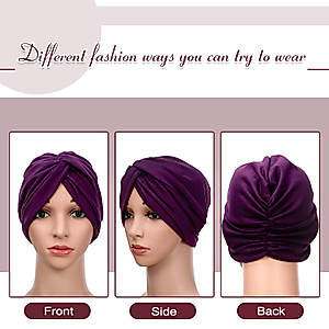 SATINIOR 4 Pieces Turbans for Women Soft Pre Tied Knot Fashion Pleated Cancer Turban Cap Chemo Headwrap Sleep Hat, 4 Colors(Black, Gray, Royal Blue, Purple)