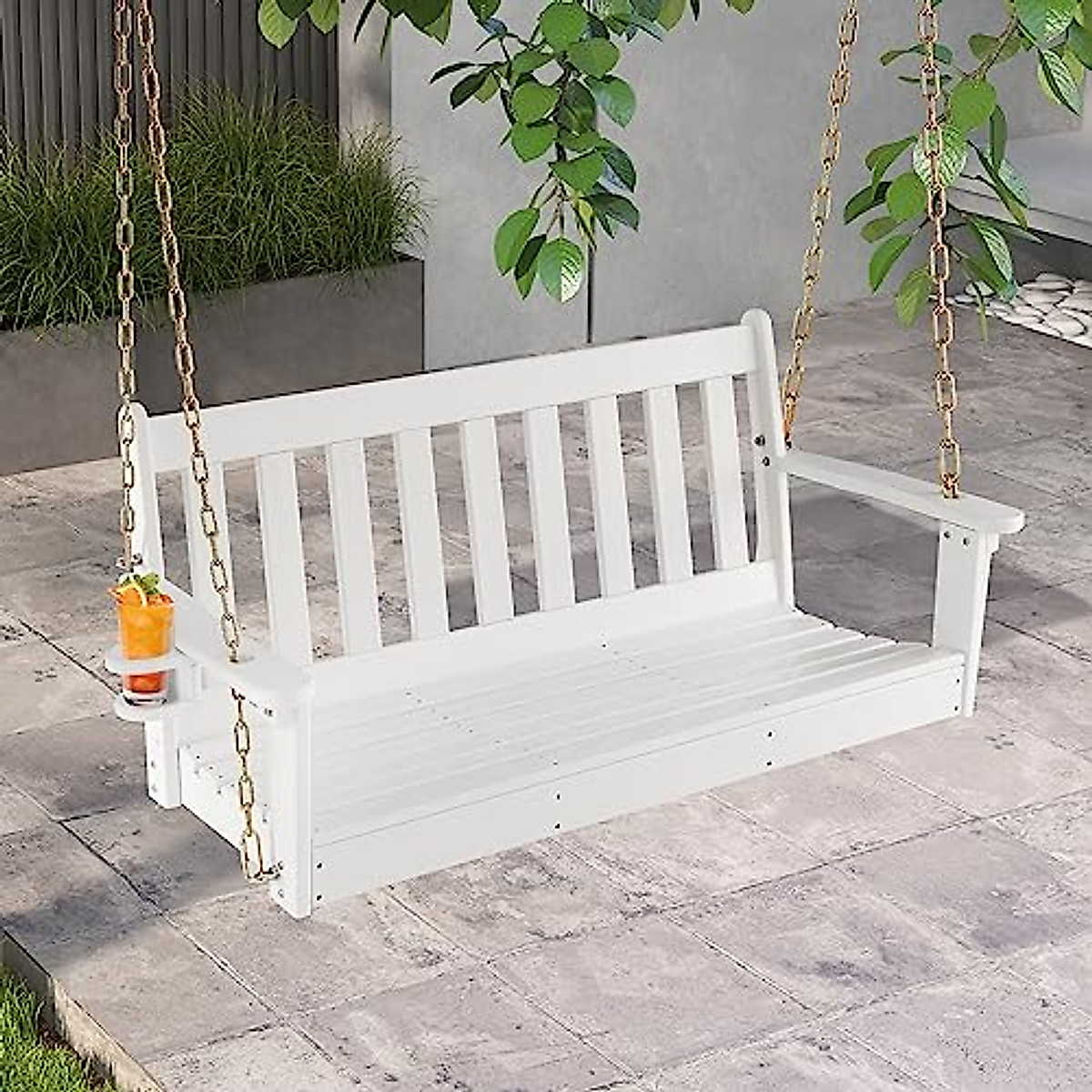 Tangkula 2 Person Hanging Porch Swing, Outdoor Bench Swing with Adjustable Chains, Hidden Cup Holders, HDPE Tree Swing Chair for Patio Backyard Deck Garden, 54 Inch (White)