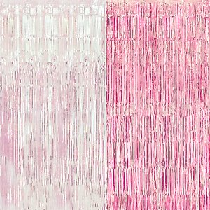 BRAVESHINE Foil Fringe Curtains Party Decorations - Clear Pink Metallic Tinsel Photo Booth Streamer Backdrops for Birthday Baby Showers Unicorn Weeding Bachelorette Graduation Backdrop - 4 Packs 3.2 x