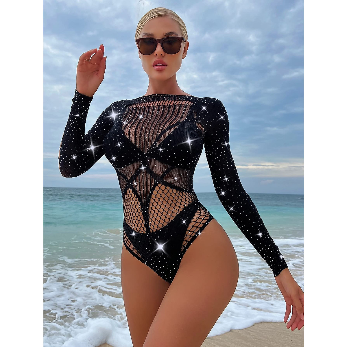 Milumia Women's Fishnet Rhinestone Bodysuit Top Cut Out Sexy Mesh Teddy Bodysuit