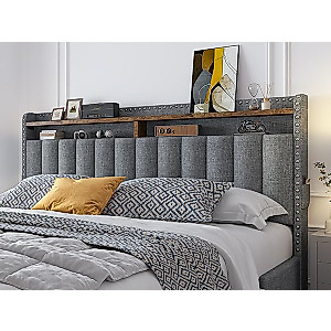 EnHomee Queen Bed Frame with 3 Drawers Upholstered Bed Frame Queen Size with Headboard, Queen Size Bed Frame, Queen Bed Frame with Storage, No Box Spring Needed, No-Noise, Easy Assembly, Grey