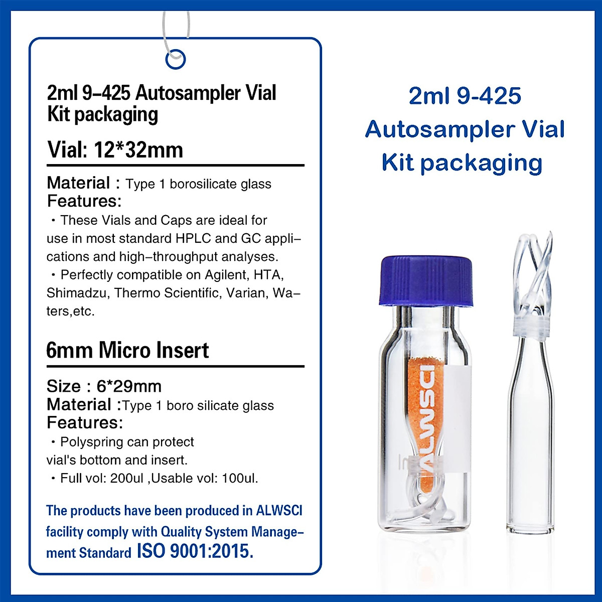 ALWSCI 2ml 9mm HPLC Vial, Clear Autosampler Vial Graduation, 9-425 Blue Screw Cap with Hole, White PTFE&Red Silicone Septa and Polyspring 6mm Insert Diameter, Volume 200µl (Pack of 100)