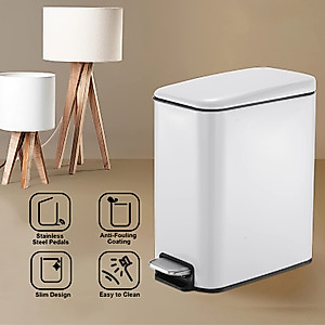 GONICVIN Bathroom Bin, 1.3 Gallon Stainless Steel Pedal Bin Waste Bin with Lids, Slow Drop Closing Slim Rubbish Bin Pedal Waste Basket for Bathroom, Kitchen, and Office (White)