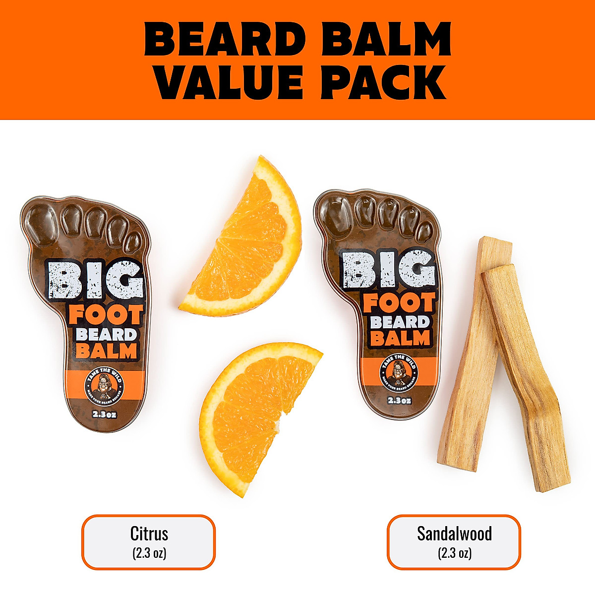 TAME THE WILD MAKE YOUR BEARD BEHAVE Bigfoot Beard Balm - Two 2.3 Oz Tins for Men with Shea Butter and Beeswax - Beard Conditioner - Sandalwood & Orange Citrus Scent