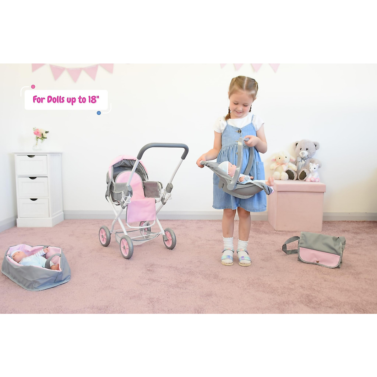 KOOKAMUNGA KIDS 5 Pc Baby Doll Stroller Set - Baby Doll Accessories - Baby Doll Playset w/ Doll Crib Stroller Car Seat - Playpen - Carry Cot - Diaper Bag - Ages 3+ - Deluxe Grey / Pink