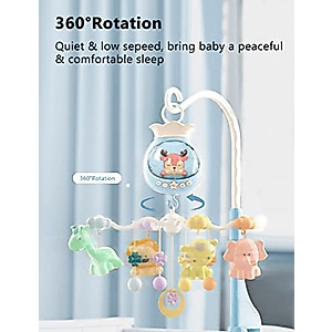 BSROLUNA Baby Crib Mobile with Music and Lights, Baby Mobile for Crib with Remote Control, Hanging Rotating Animal Rattles, 50 Songs and Timing Function, Cartoon Baby Crib Toys for Girls (Baby Blue)