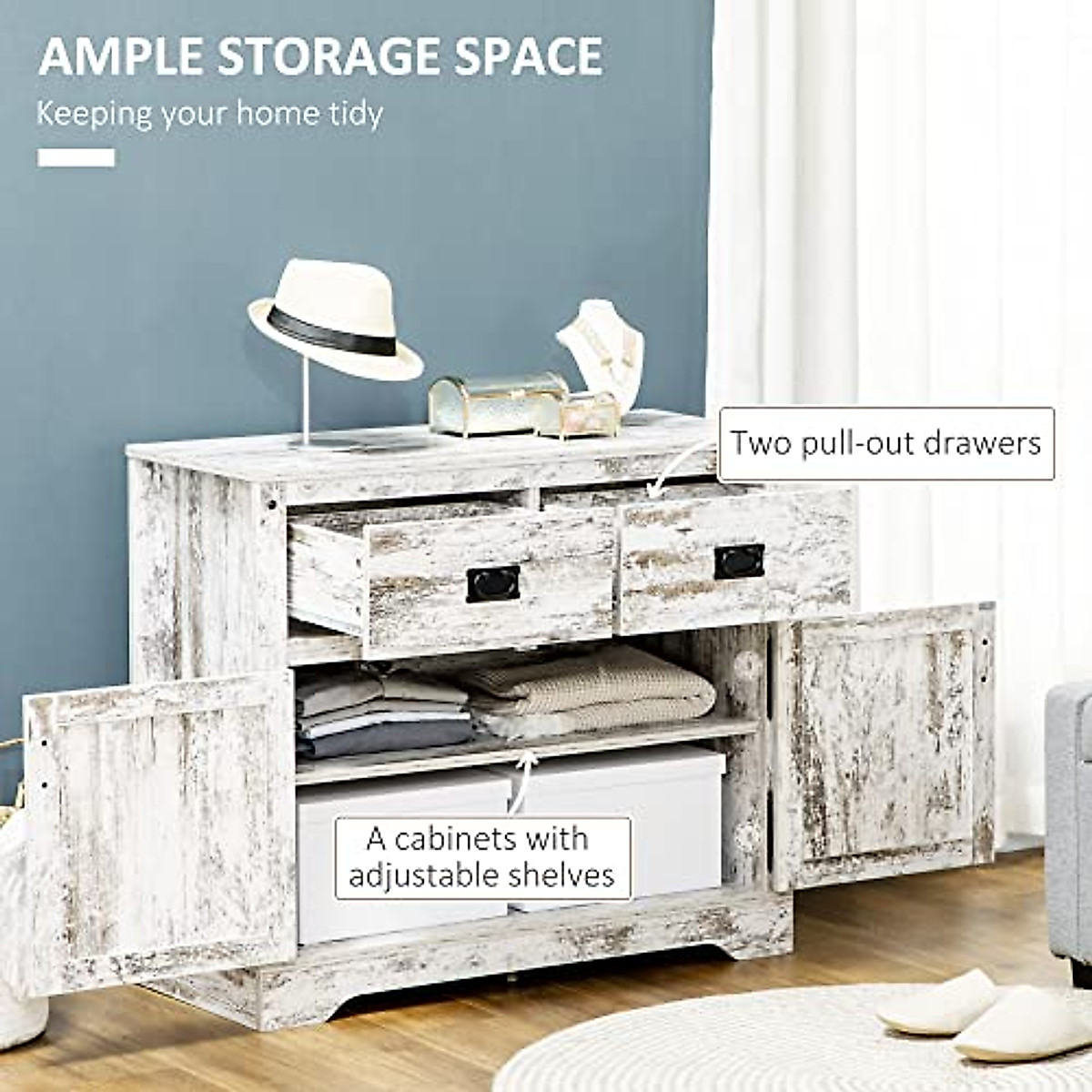 HOMCOM Industrial Sideboard Buffet Cabinet with 2 Drawers Kitchen Storage Cabinet Coffee Bar Cabinet with Double Door Cupboard for Kitchen, Living Room, Distressed White