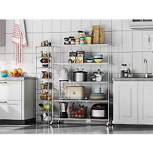 5 Tier NSF Wire Shelf Shelving Unit, 24 x 60 x 82 Inch 7500lbs Capacity Heavy Duty Adjustable Storage Metal Rack with Wheels/Leveling Feet & Shelf Liners, Ideal for Garage, Kitchen, and More - Chrome