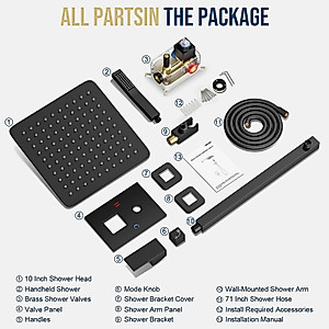 FPXRNG Black Shower Faucet Set, Rainfall Shower System with Rain Shower Head and Handle Set, Wall Mounted Shower Fixtures, Full Metal Trim Repair Kit 10 inch Matte Black (With Shower Valve)