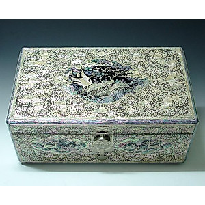 Mother of Pearl Inlay Decorative Long Life Symbols Design Lacquer Wooden Handcrafted Art Jewelry Wedding Trinket Keepsake Treasure Box Ring Case Chest Organizer