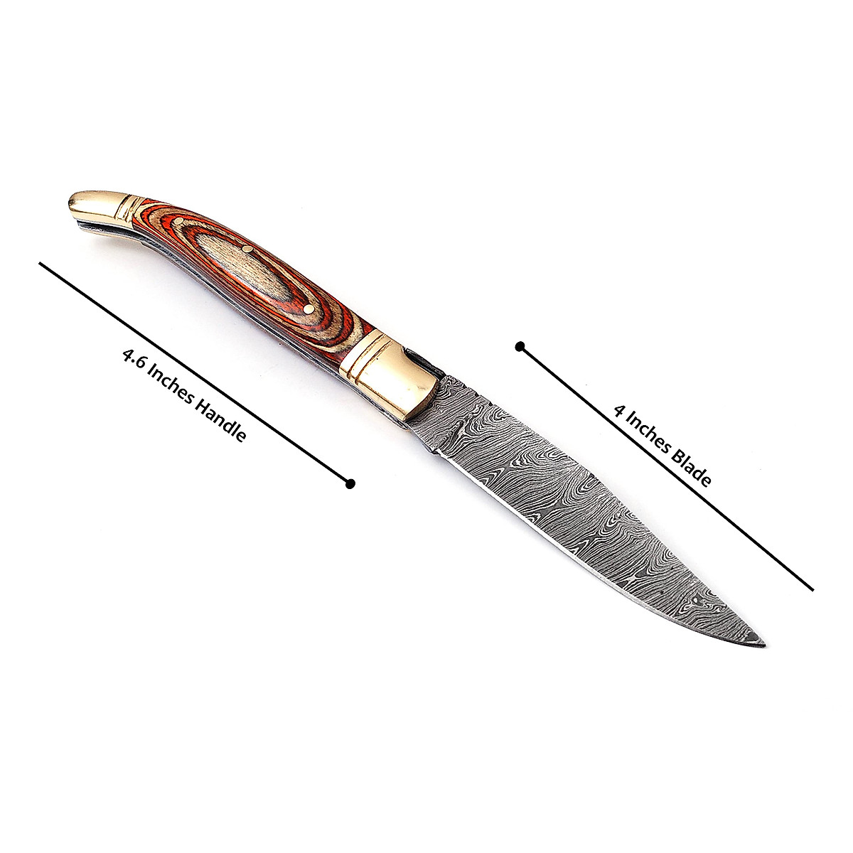Damascus steel folding knife with leather sheath, 8.5 inches long laguiole pocket knife with 4 inches long Damascus steel Blade, 4.5 inches multi color wood scale with Brass bolster and pommel, Leather sheath included (Brown)