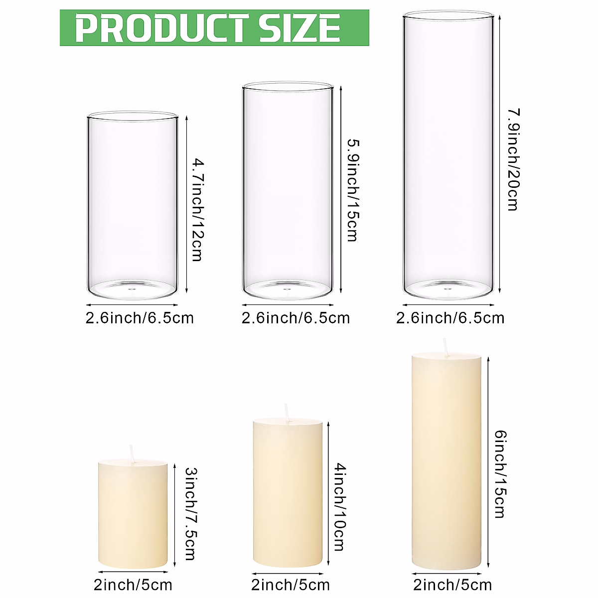 Shihanee Set of 6 Pillar Candles and Glass Cylinder Vases Clear Cylinder Candle Holders for Slim Tall Pillar Candles Wedding Centerpieces(2.6'' x 4.7'', 5.9'', 7.9'',Ivory White)