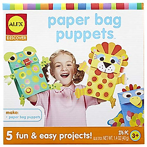 ALEX Toys Paper Bag Puppets Kids Art and Craft Activity Multicolor, includes 5 colored bags, 270 stickers and paper shapes, glue stick and easy picture instructions