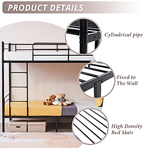 Karl home Black Bunk Bed Twin Over Twin, Metal Bunk Bed with Built-in Ladder and Safety Guardrail, Space-Saving Twin Bunk Beds for Kids, Teens & Adults, No Box Spring