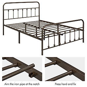 Topeakmart Queen Size Victorian Style Metal Bed Frame with Headboard/Mattress Foundation/No Box Spring Needed/Under Bed Storage/Strong Slat Support Bronze