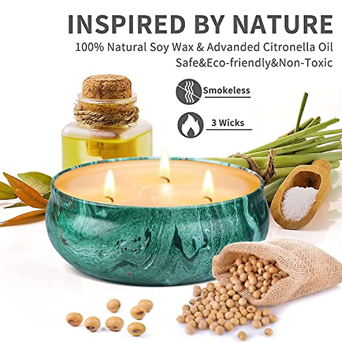 Citronella Candles Outdoor Large - 3 x 14oz 3-Wick Tin Candle for Home Patio up to 200 Hours Burning, Natural Soy Wax Lemograss Candle Bulk for Outside Garden Yard Balcony, Summer Camping Huge Candle